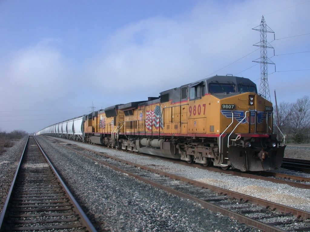 UP 9807, UP 5209 13Feb2010 Tied-down NB in JAMA yard